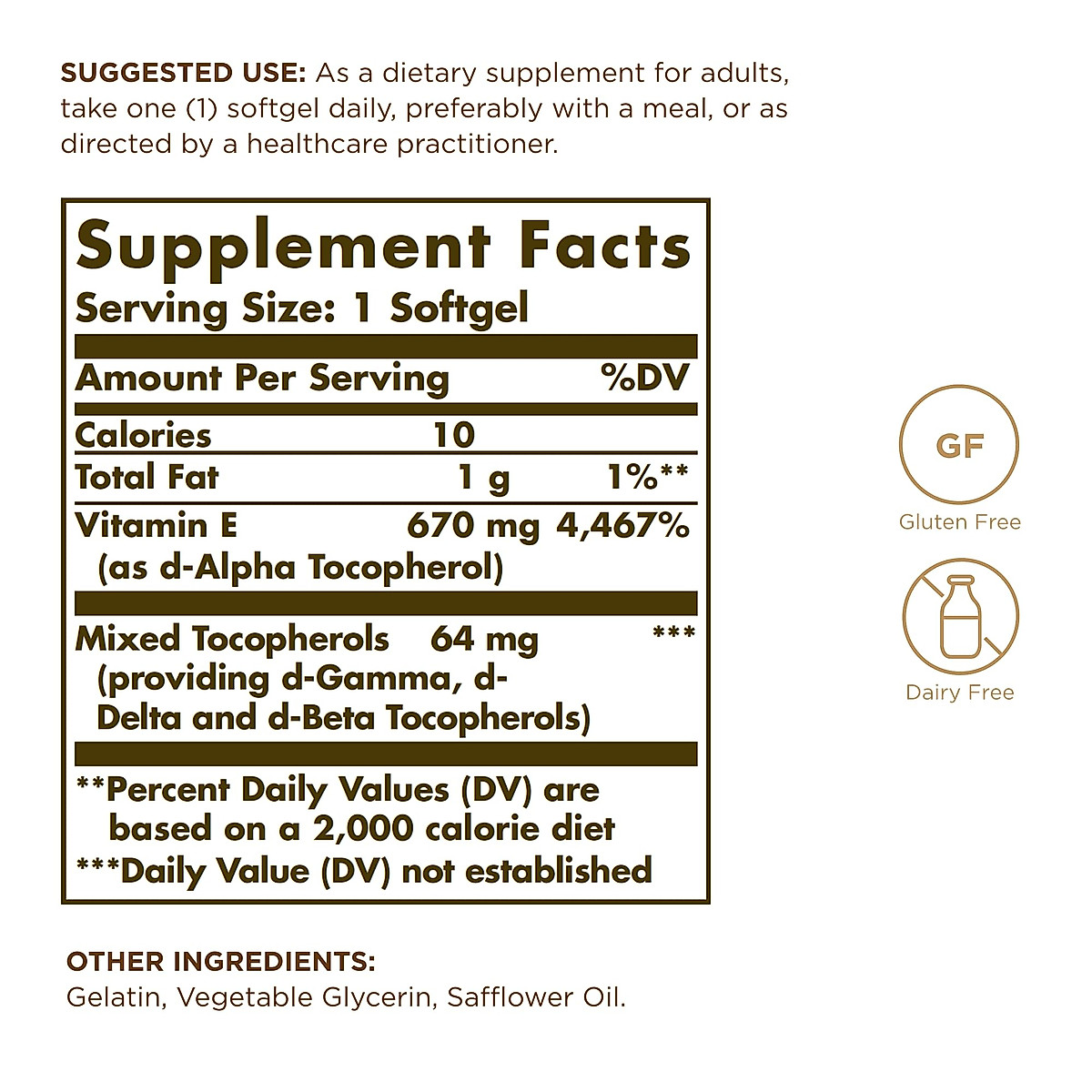 SOLGAR Vitamin E 670 mg (1000 IU) - 100 Softgels, Pack of 2 - Naturally Sourced - Gluten Free, Dairy Free - 200 Total Servings