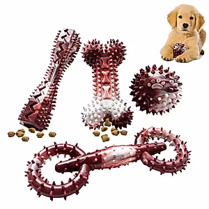 4 Pack Puppy Toys for 2-8 Months Pets Dog Chew Toy for Small Puppies Teething Toys for Cleaning Teeth Food Dispensing Soft Durable Rubber Bone Funny Ball Interactive Donut Treat Dumbbell (Meat)