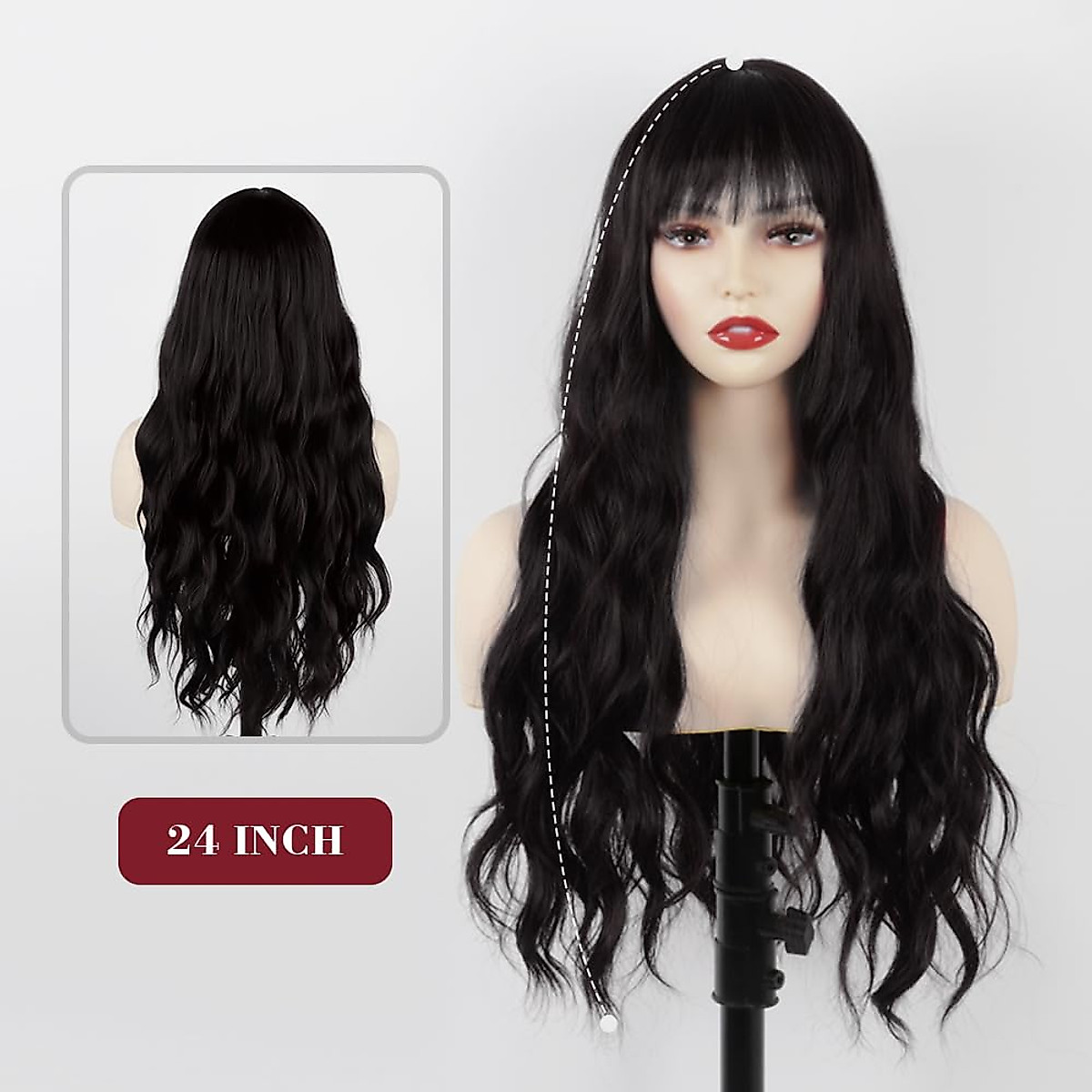 Black Wave Wigs with Bangs Body Wave Wigs for Women Glueless Curly Wigs Synthetic Long Wave Wigs Hair Replacement Wigs For Girls Daily Use Heat Resistant Natural Black 24 Inch