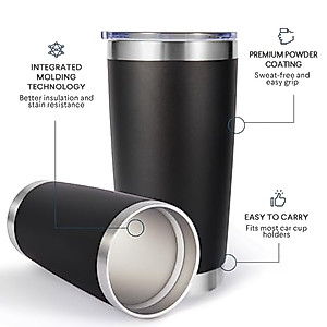 Volhoply 20oz Stainless Steel Tumbler with Lid and Straw,Double Wall Insulated Travel Iced Coffee Mug Fits Car Cup holder,Powder Coated Cups for Hot and Cold Drinks,Gifts for Women Men（Black,1 Set）