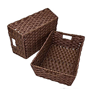 Onlytak Large Wicker Storage Basket, Metal Frame, Set of 2, Washable Waterproof, 15" x 10.3" x 5.2", Brown Color, Woven Basket for Pantry, Toilet, Bathroom, Bedroom, Patio