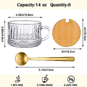 Moretoes 6pcs 14oz Glass Vintage Coffee Mugs Set, Glass Iced Coffee Cups with lids and Spoons, Clear Embossed Aesthetic Mugs Cute Drinking Glasses for Latte, Cappuccino, Oat