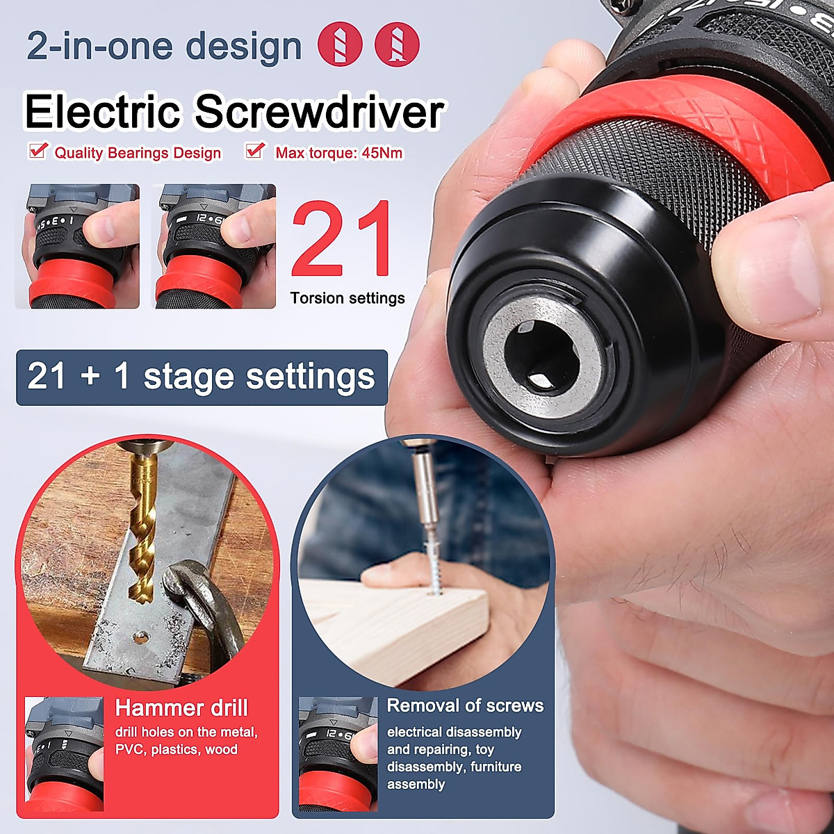 Vislone Cordless Drill 16.8V 2in1 Power Drill Drivers Lithium Electric Screwdriver Power Tool 45Nm Torque Brushless Motor LED Indicator Light with 2pcs 1300mAh Batteries and Charger