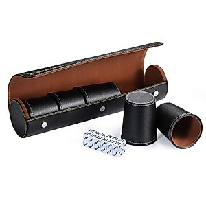 ImnBest Leather Dice Cup Set, 5 Black Leather Dice Cups + 25 Dice + Exclusive Storage and Transport Case Made of Faux Leather with Magnetic Closure..