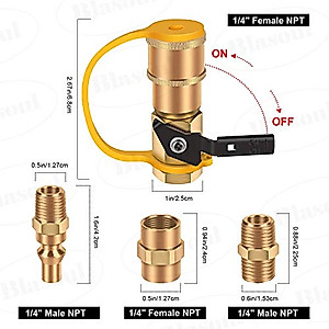 Blasoul 1/4" Quick Connect Propane Hose Adapter For RV To Grill or Cooking, Connecting RV To Any Propane Source, Includes 1/4" Female Shutoff Valve &Full Flow Plug & 1/4" Male NPT &1/4" Female NPT