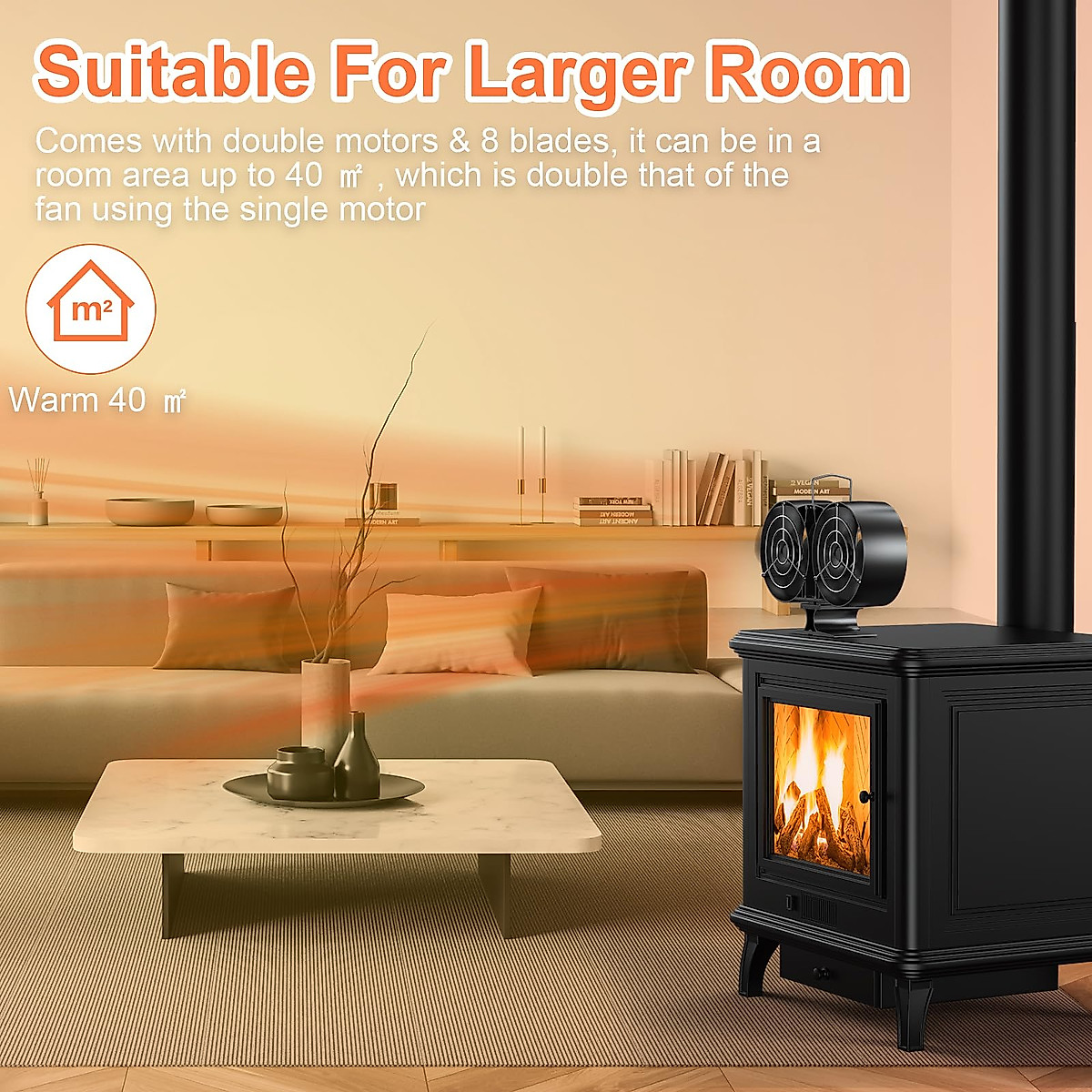 PEDOOD Wood Stove Fan with Protective Cover Dual Motor Heat Powered Fans 8 Blades Slient Fireplace Fan with Magnetic Thermometer，Eco Stove Fans Air Circulation Heating for Gas/Wood/Log Burner Stove