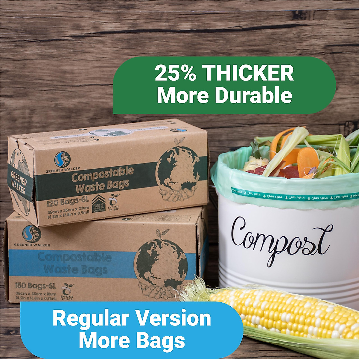 GREENER WALKER 100% Compostable Trash Bags, 1.6 Gallon-150Bags, Food Scrap Kitchen Waste Bags with EN13432 Certified