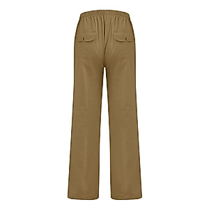 Men's Summer Casual Drawstring Beach Loose Slim Fit Trousers Linen Cotton Pants with Elastic Waistband White