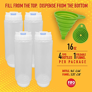 FIFO Squeeze Bottle Refillable (4 Pack) Blue Dispenser for Thick Condiments, Tartar Sauces, Rellish and Dressing with Flexible Funnel