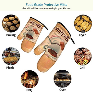 Microwave Oven Gloves,Coffee Theme Coffee Time Oven Mitts Heat Resistant Durable Kitchen Gloves Perfect for BBQ, Cooking, Grilling, Baking Set of 2,11inch