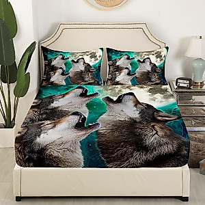 Erosebridal Wolf Bedding Sets Moon Stars Fitted Sheet Safari Animals Bed Sheets for Kids Boys Girls Adults Nebula Marble Galaxy Space Wolves Top Flat Sheet with 2 Pillow Cases Bedroom Decor Full