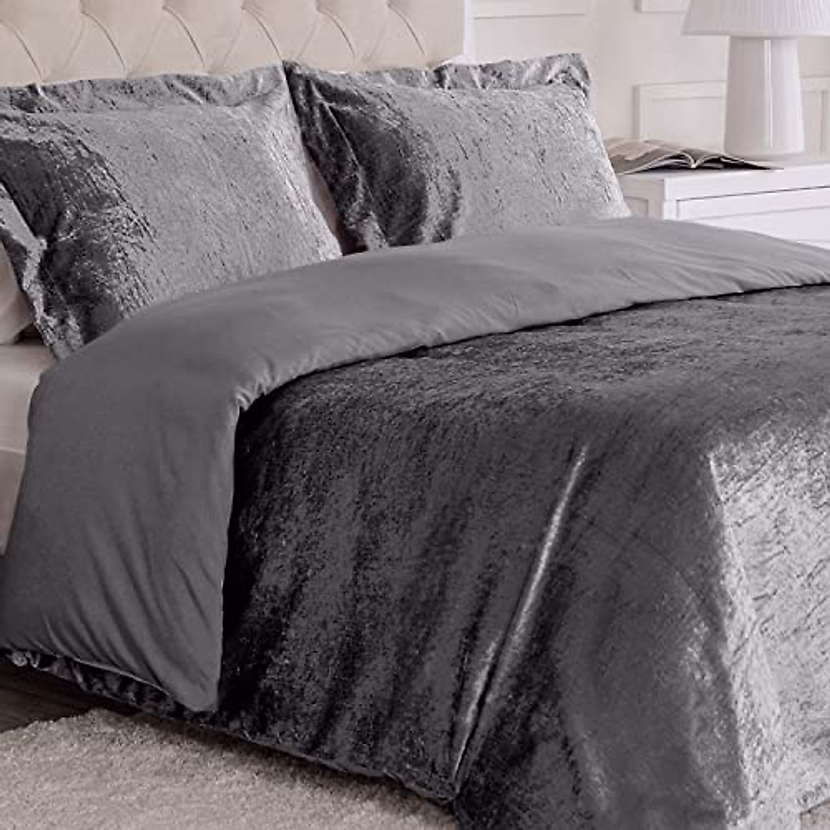 Mellanni Velvet King Duvet Cover Set - Fade, Stain, Shrink, and Wrinkle Resistant - King Gray Comforter Cover Set - 8 Ties & Hidden Button Closure - Duvet Cover with 2 Pillow Shams (King, Gray)