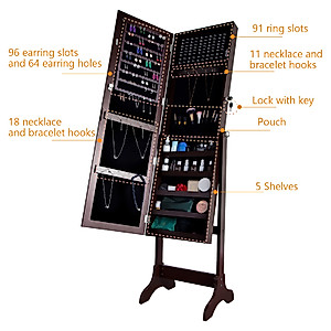 Uten Lockable Jewelry Armoire Large Jewelry Cabinet with Standing Mirror Jewelry Holder Organizer Storage, 4 Angle Adjustable(Brown)