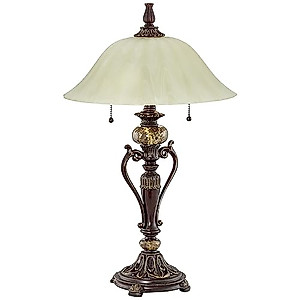 MACIUM Collection Glass Shade Table Lamp in Bronze, Bronze Finish, Alabaster Champagne Glass, with Twin Light Pulls for Easy Lighting Control