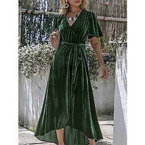 BerryGo Women's Semi Formal Velvet Wrap Dress Prom Cocktail Short Sleeve Swing Long Maxi Dress Emerald Green S