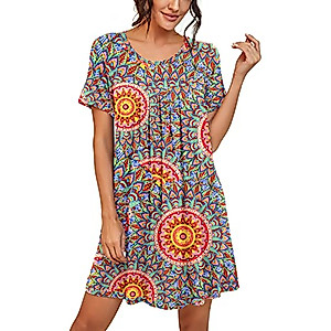 PrinStory Womens Sleepwear Short Sleeve Nightgown Soft Sleepshirt Pleated Nightshirt Scoopneck Casual Loungewear FP-Peacock Blue-Large