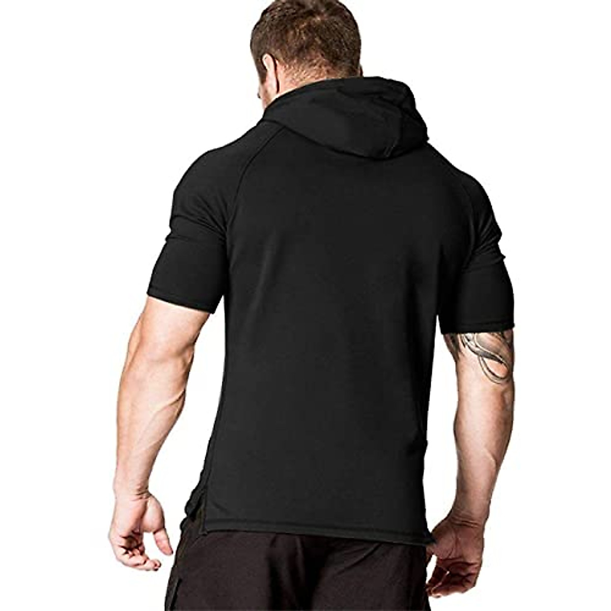 COOFANDY Men's Gym Hoodies Short Sleeve Cotton Athletic Workout Bodybuilding T Shirt Hooded Sweatshirt with Pocket Black