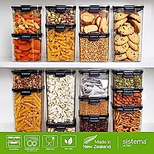 Sistema Tritan Airtight Pantry & Kitchen Storage Containers | 3 Square Plastic Food Containers with Lids (1x 1.3 L + 2x 700 ml) | Stackable | with Locking Clips | BPA-Free
