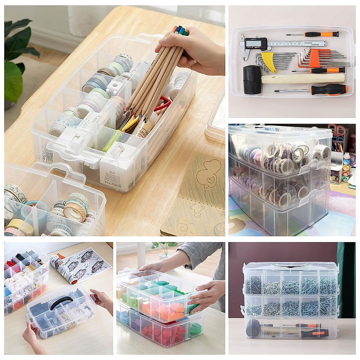 Large size Craft Storage Box with 30 Adjustable Compartments 3-Tier Bead Storage Organizer Clear Stackable Plastic Box Containers with Handle for Arts Jewelry Toy Sewing Accessories Beauty Supplies