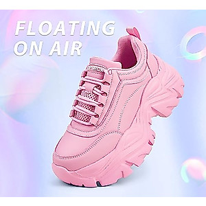 K KIP WOK Chunky Sneakers for Women Fashion Platform White Leather Casual Dad Shoes Comfortable Wedge Walking Sport Sneakers(Pink,7)