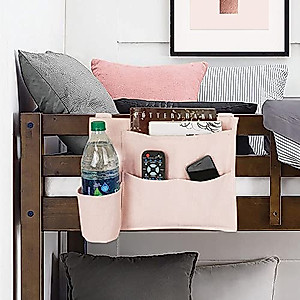 mDesign Cotton Canvas Bedside Hanging Storage Organizer Caddy for Dorm, Bedroom Bed Frame - 4 Pockets, 3 Loops - Holds Phone, Remote Control, Magazines, Bottle Drinks - Crane Collection - Light Pink