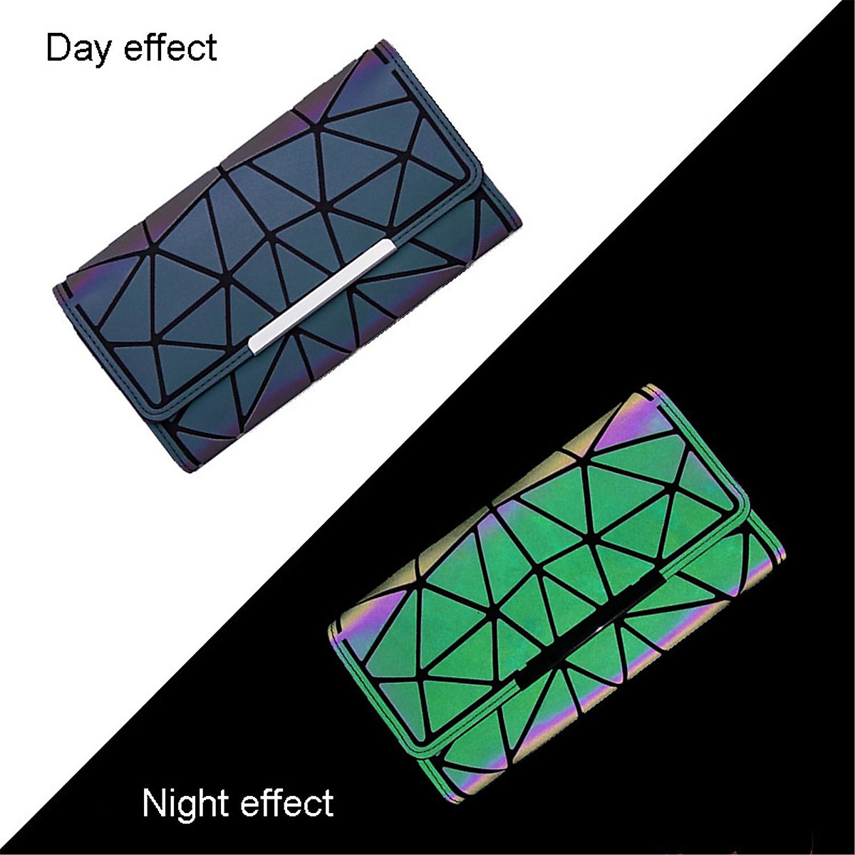 Andongnywell Iridescent Long Coin Purse Womens Geometric Rhomboids Wallets Trifold Reflective Clutch Luminous Wallet (Multicolor)