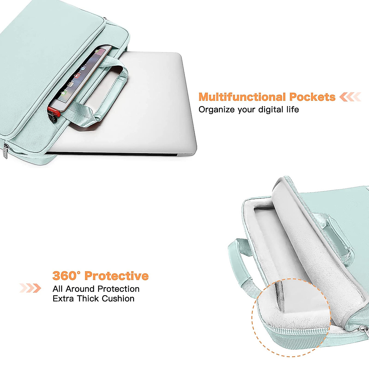 MOSISO 360 Protective Laptop Shoulder Bag Compatible with MacBook Air/Pro, 13-13.3 inch Notebook, Compatible with MacBook Pro 14 inch M3 M2 M1 2023-2021,Matching Color Sleeve with Belt, Mint Green