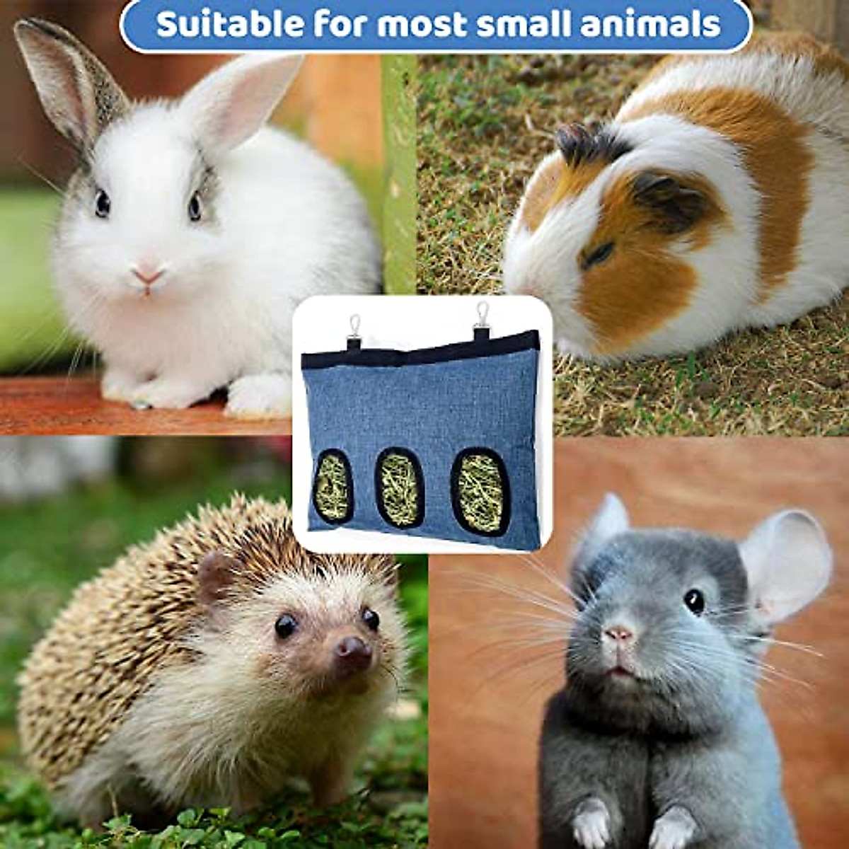 Rabbit Hay Feeder, Guinea Pig Bunny Hay Feeder Bag, Hanging 600D Oxford Fabric Storage Hay Feeder Bag for Rabbit Guinea Pig Chinchilla Small Animal Pets (Blue)