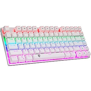 HUO JI 65% Mechanical Gaming Keyboard, E-Yooso Z-88 with Blue Switches Metal Panel Rainbow LED Backlit, Compact 81 Keys, Silver and White