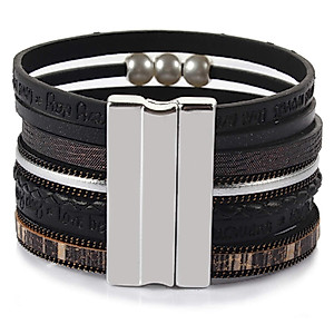 FANCY SHINY Tree of Life Leather Wrap Bracelet Inspirational Cuff Bangles Boho Pearl Bracelets with Clasp Unique Jewelry Gifts for Women(Black)