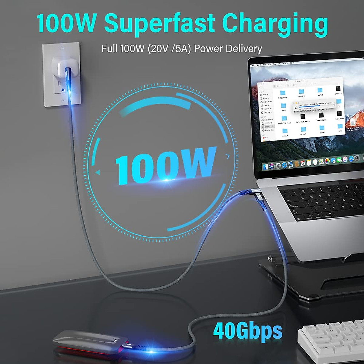 QCEs USB 4 Cable for Right Angle Thunderbolt 4 Cable 6Ft, USB C Video Cable 8K60Hz Display, 40Gbps Data Transfer, 100W PD Charging Compatible with iPhone 15 Pro/Max/Plus MacBook Pro iMac
