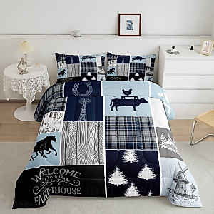 Erosebridal Farmhouse Horse Quilt, Rustic Windmill Comforter Set King Lodge Cabin Patchwork Bedding Set for Kids Teens Adult, Farm Animal Cowboys Horseshoe Down Comforter, 2 Pillow Cases, Grey Blue