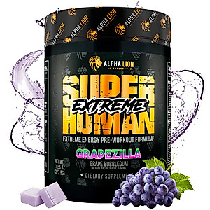 ALPHA LION Superhuman Extreme Pre Workout Powder, Beta Alanine, L-Taurine & Tri-Source Caffeine for Sustained Energy, Nitric Oxide & Citrulline for Pump (21 Servings, Grape Flavor)