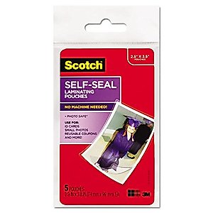 Self-Sealing Laminating Pouches, Glossy, 2 15/16 x 3 15/16, Wallet Size, 5/Pack
