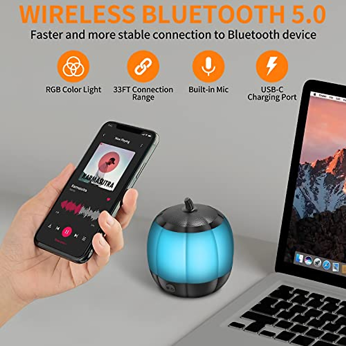 LFS Portable Bluetooth Speakers with Lights Mini Wireless Speaker, 7 Color Lights, 12H Playtime, TWS Pairing, IPX5 Waterproof, Night Light Small Speaker for Home, Outdoor, Christmas