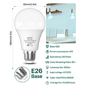 LUTW LED Light Bulbs 60 Watts Equivalent, 900 Lumen Standard LED Bulb, 9W E26 Base Cool White 6000K Non-Dimmable, Perfect for Bedroom and Living Room Lighting, 6 Pack