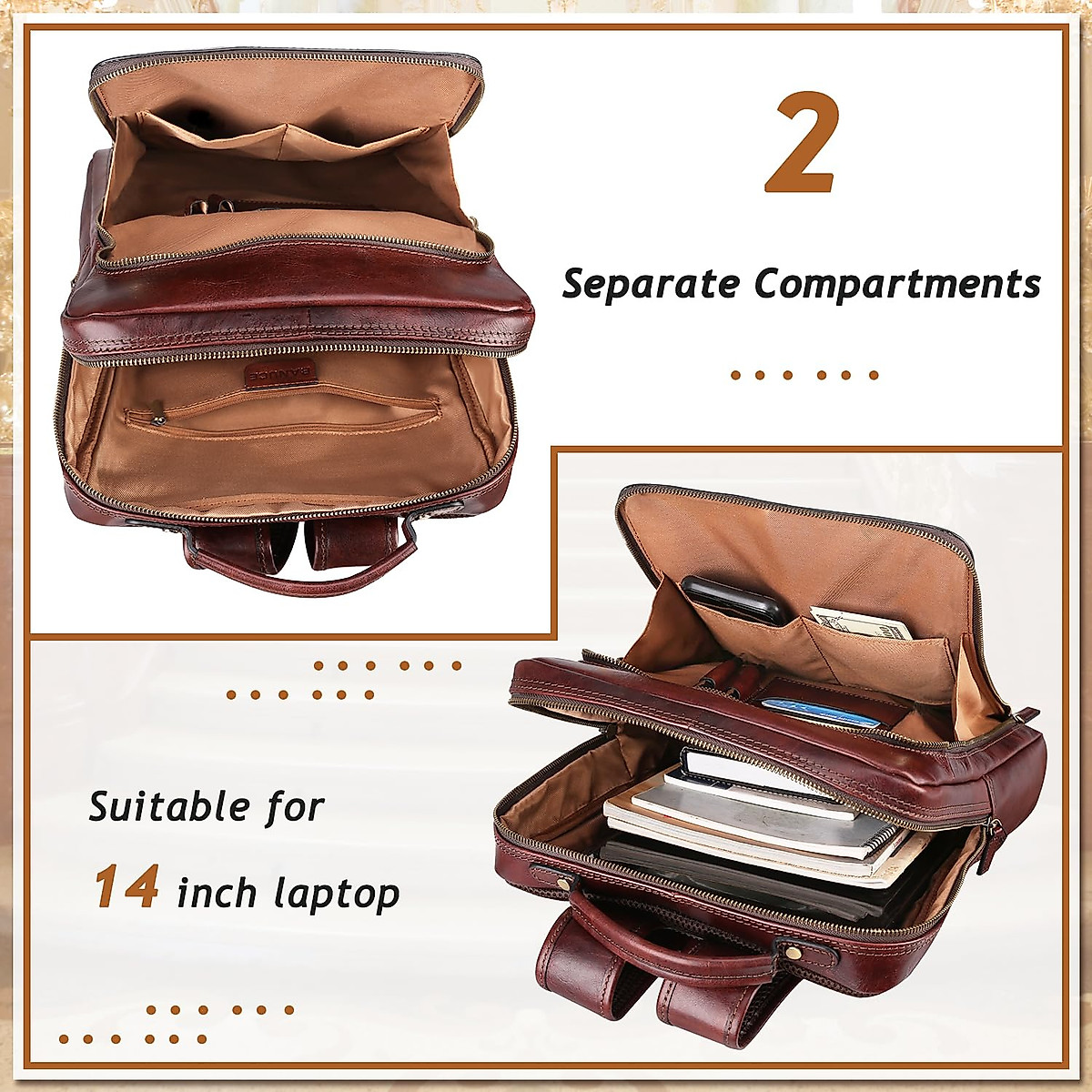 Banuce Vintage Full Grain Italian Leather Backpack for Men Travel Laptop Backpack Work Bag with Luggage Strap Brown