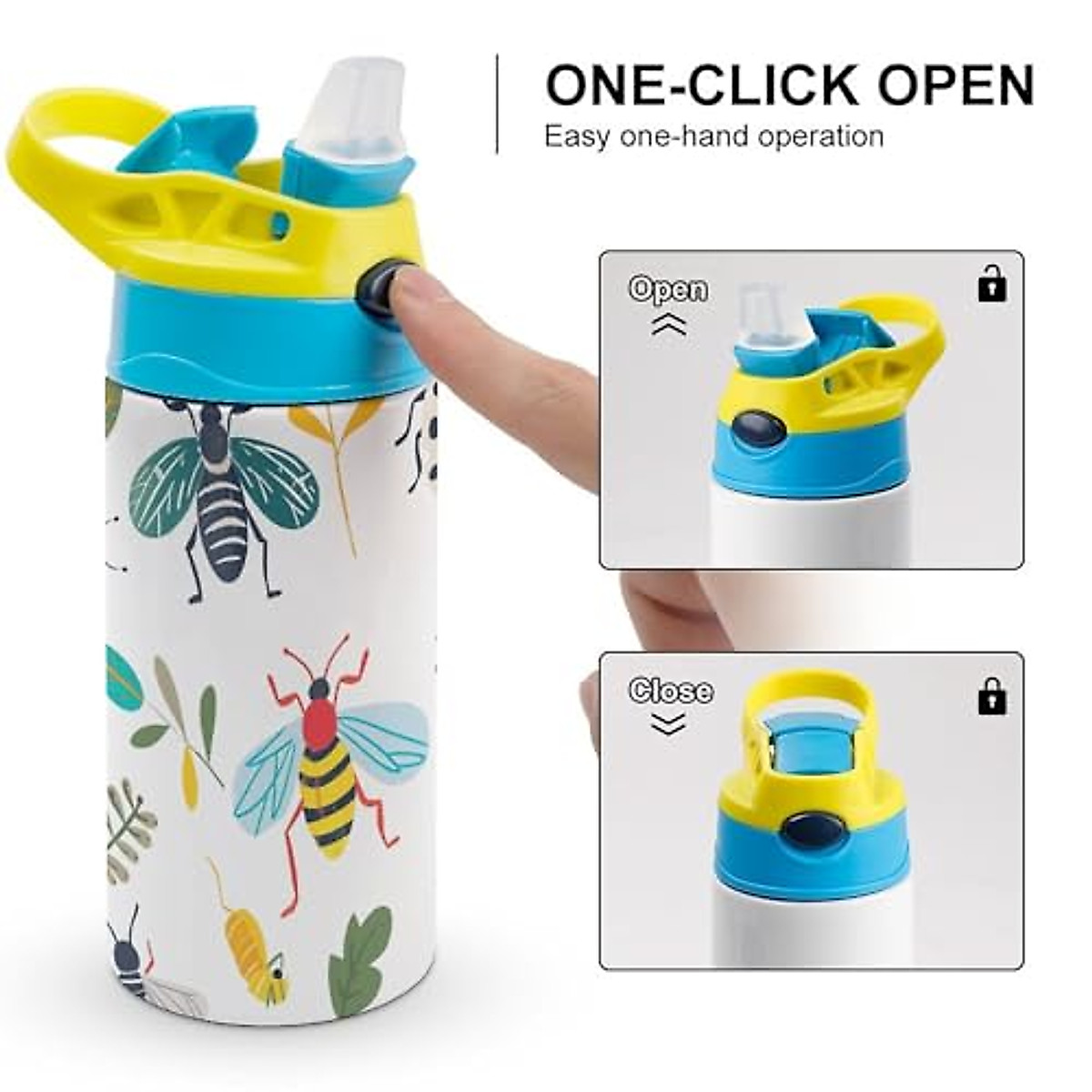 Stainless Steel Water Bottles Bright Insect Pattern Travel Water Cups with Handle And Silicone Straw Drinking Cup with Leak Proof Lid Thermo Travel Mug for Women Men