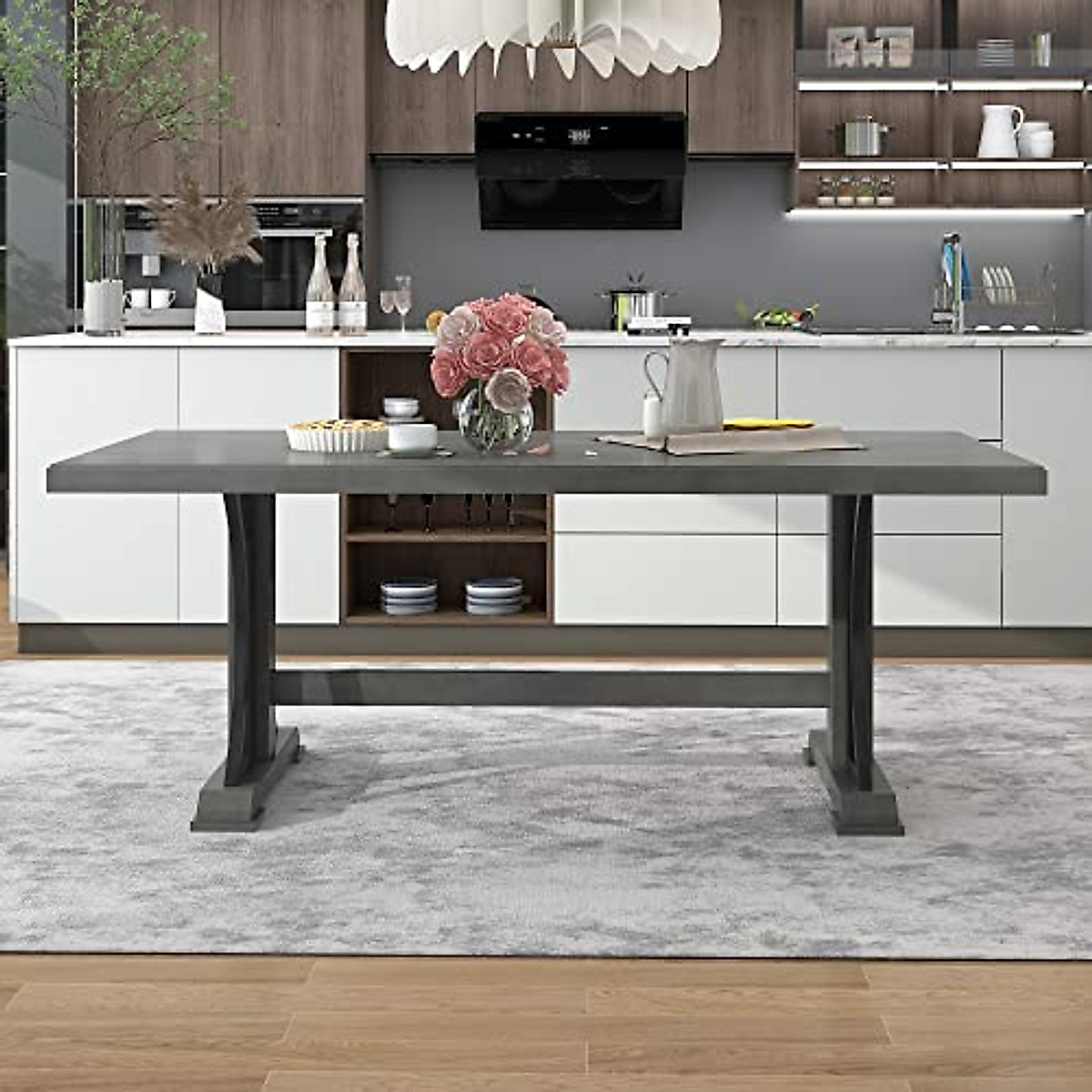 POCIYIHOME 78" Retro Style, Wood Farmhouse Rectangular Family Dinner, Seats up to 8, Indoor/Outdoor Dining, Kitchen Table (Gray)