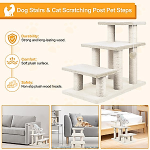 Dog Stairs, Cat Scratching Post 3 Steps Stairs for Cats and Dogs, Stable 20 inch Pet Stairs for High Beds & Sofas Protect Pet's Joints White