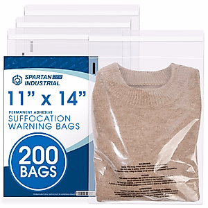 Spartan Industrial - 11” X 14” (200 Count) Self Seal Clear Poly Bags with Suffocation Warning for Packaging, T Shirts & FBA - Permanent Adhesive
