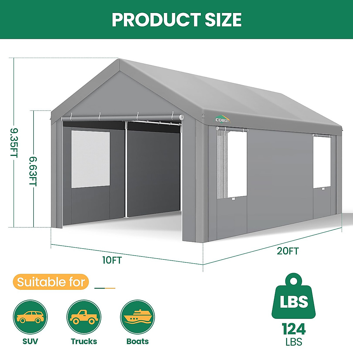 COBIZI Carports 10x20 Heavy Duty Car Canopy Garage with Roll-Up Ventilation Windows & Doors, Removable Sidewalls Portable Carport Canopy Waterproof with Built-in Sandbags for Cars, Boats, Trucks, Gray
