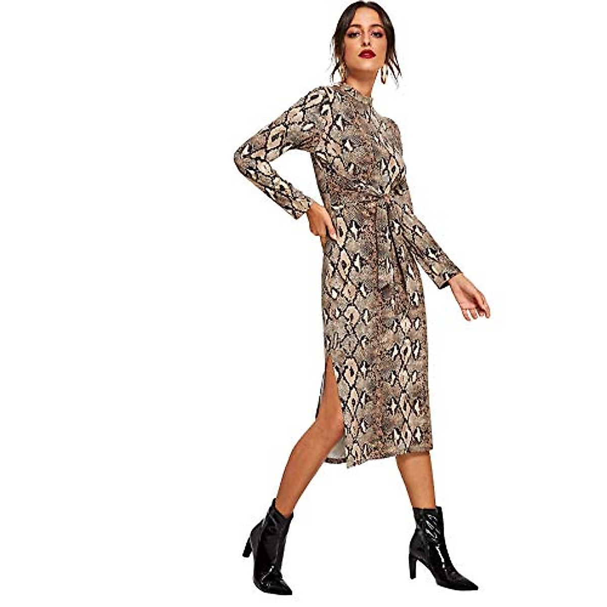 Floerns Women's Snakeskin Print Long Sleeve Tie Waist Split Midi Dress Brown XL