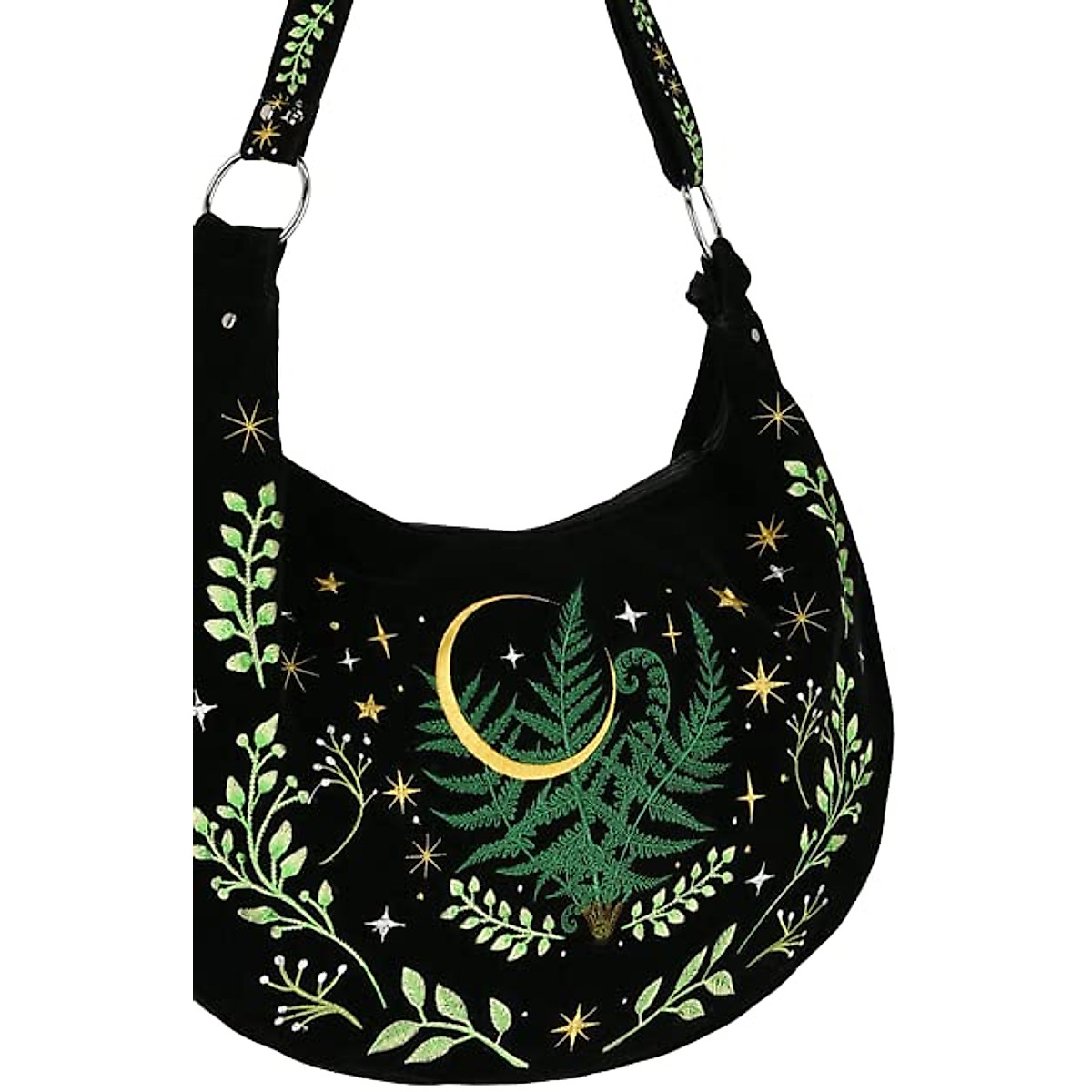 Restyle Herbal Hobo Bag Crescent Moon Stars Fern Leaf Witchy Gothic Embroidered