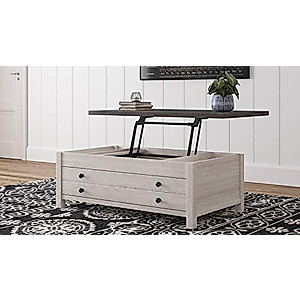 Signature Design by Ashley Dorrinson Farmhouse Lift Top Coffee Table with Storage, Antique White & Brown