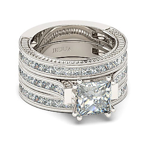 Jeulia 3PC Princess Cut Ring Set: Sterling Silver Halo Diamond Bridal Set Engagement Wedding Band Best Anniversary Promise Valentines Jewelry Gift with Box (White Diamond, 8.5)