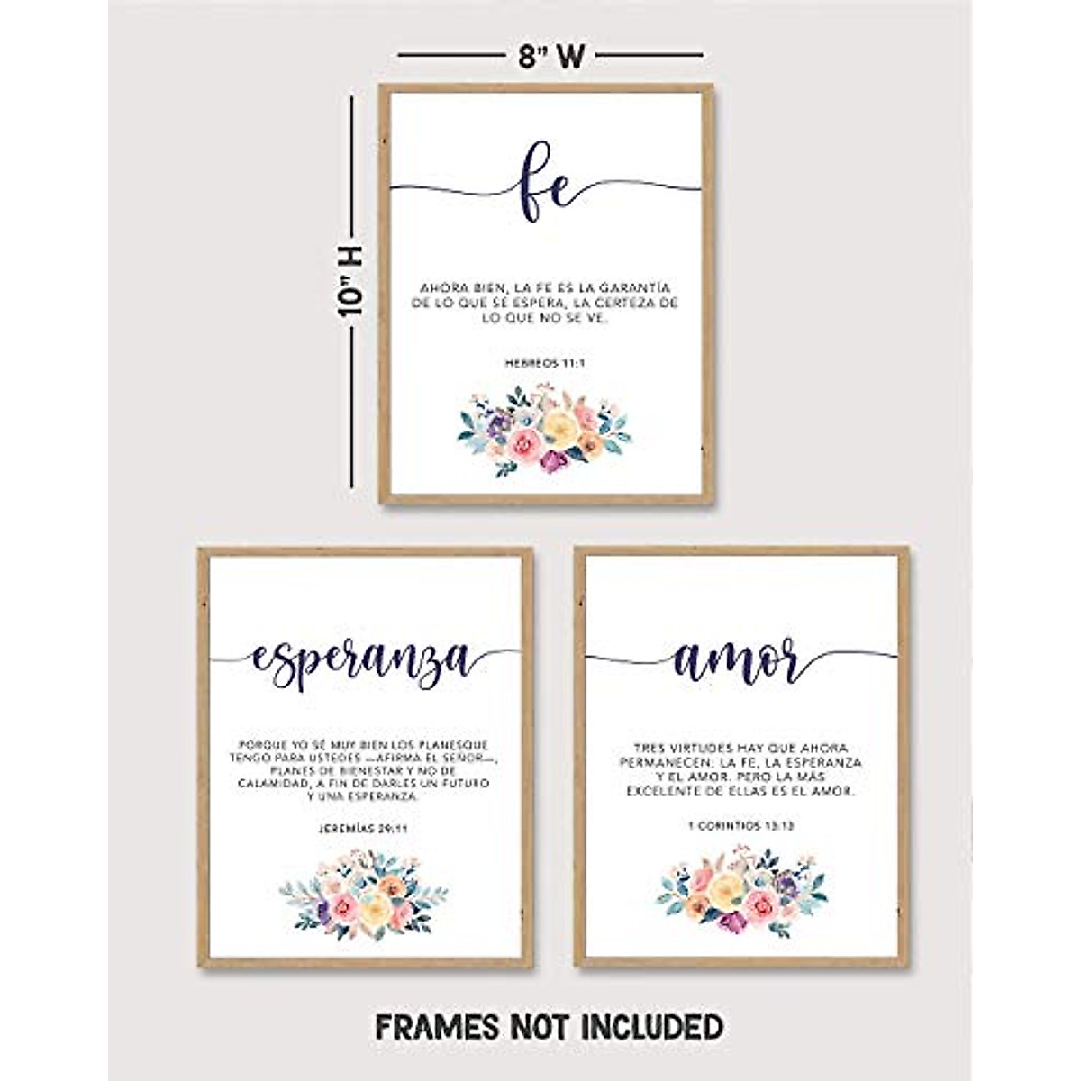 Fe Esperanza Amor Wall Decor - Cuadros Cristianos Para Pared en Español - Christian Wall Decor In Spanish - Set of 3 Prints - 8x10 - Unframed