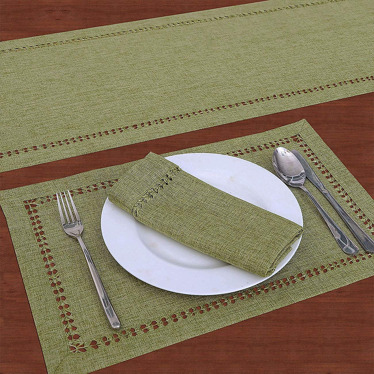 Grelucgo Small Handcrafted Solid Color Dining Table Runner, Dresser Scarf, Double-Hemstitched (Sage Green, 14 x 36)