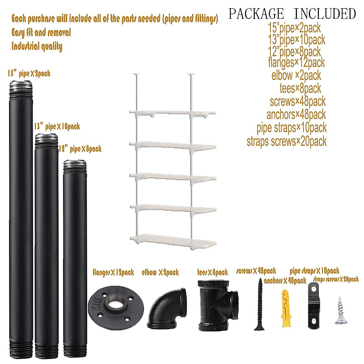 5 tier Industrial Wall Mount Iron Pipe Shelf Shelving Bracket Vintage Retro Ceiling Hung shelf DIY Open Bookshelf Storage for office Room Kitchen (2PcsX5Tier,70" Tall,12"deep,Hardware Only)