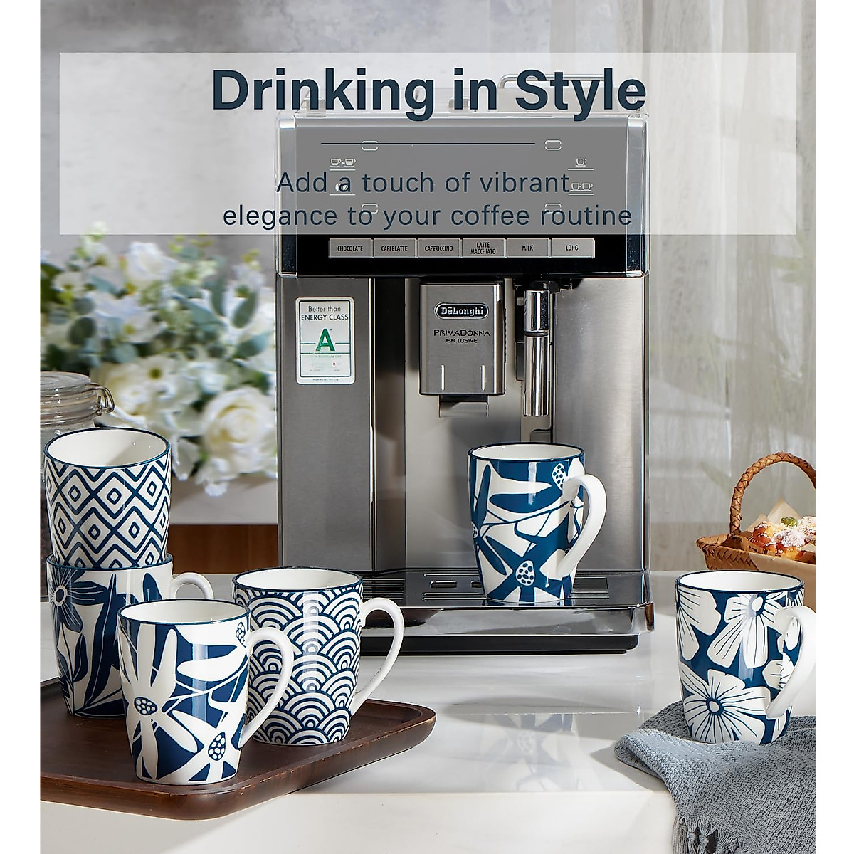 ONEMORE Ceramic Coffee Mugs Set of 6, 12oz - Microwavable Coffee Cups for Tea, Latte - Japanese Style, Scratch Resistant - Vintage Blue